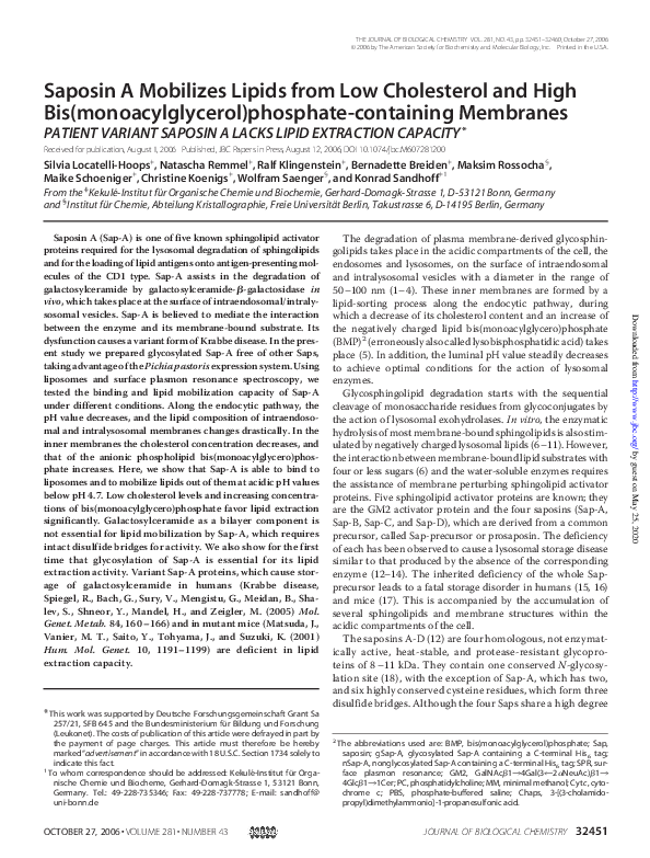 (PDF) Saposin A Mobilizes Lipids from Low Cholesterol and High Bis ...