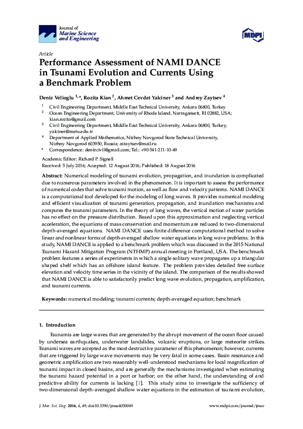 (PDF) Performance Assessment of NAMI DANCE in Tsunami Evolution and ...
