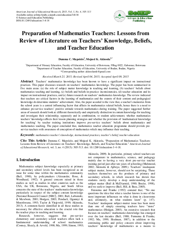 (PDF) Preparation of Mathematics Teachers: Lessons from Review of ...