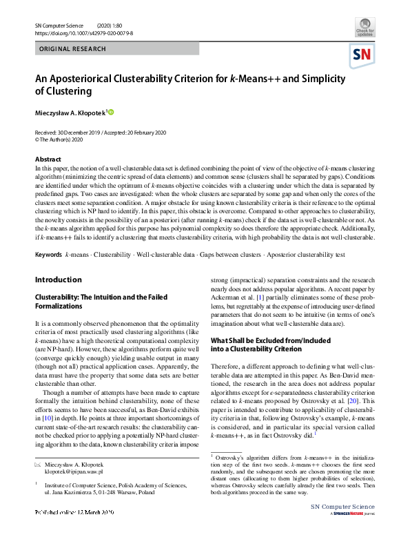(PDF) An Aposteriorical Clusterability Criterion for k-Means++ and ...