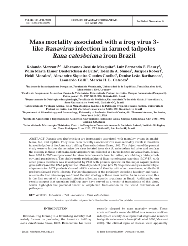 (PDF) Mass mortality associated with a frog virus 3- like Ranavirus ...
