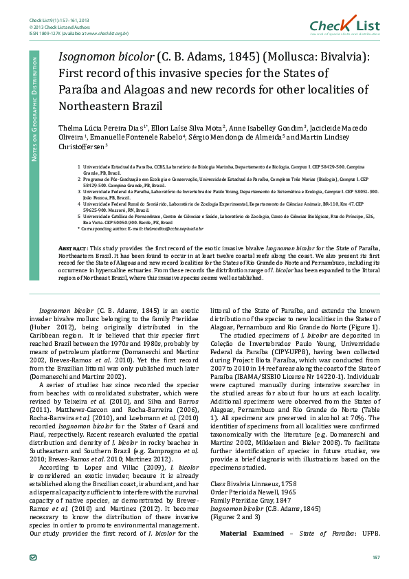 (PDF) Isognomon bicolor (C. B. Adams, 1845) (Mollusca: Bivalvia): First ...