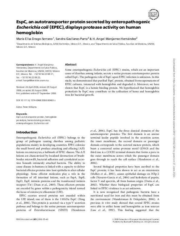 (PDF) EspC, an autotransporter protein secreted by enteropathogenic ...