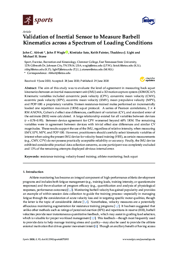 Pdf Validation Of Inertial Sensor To Measure Barbell Kinematics Across A Spectrum Of Loading