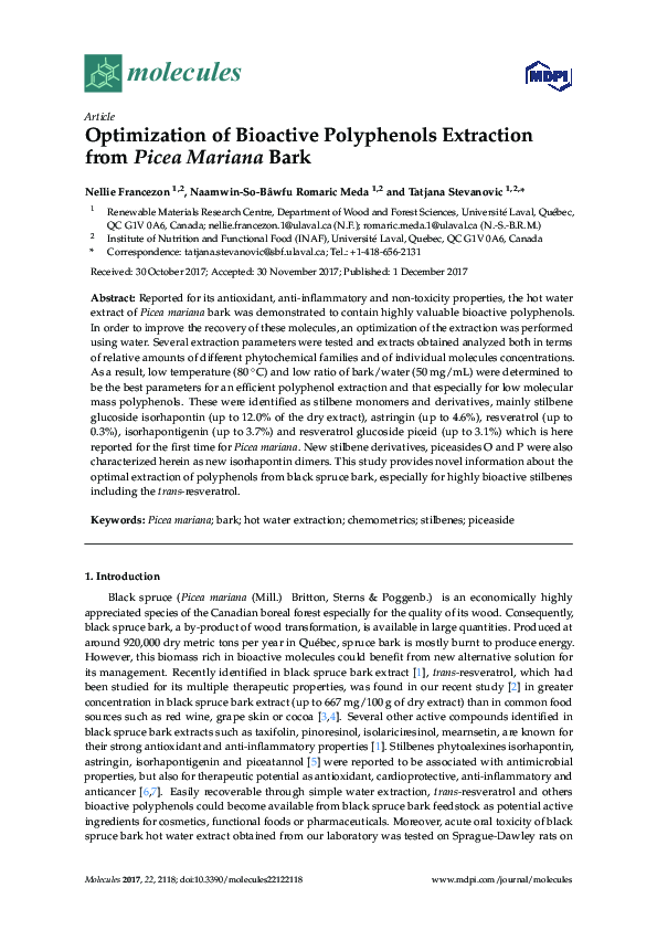 (PDF) Optimization of Bioactive Polyphenols Extraction from Picea Mariana Bark