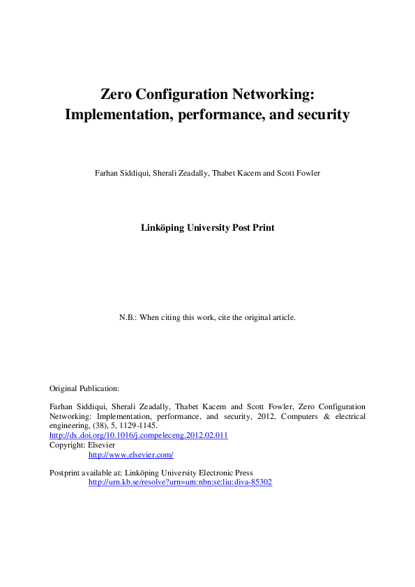 (PDF) Zero Configuration Networking: Implementation, performance, and security