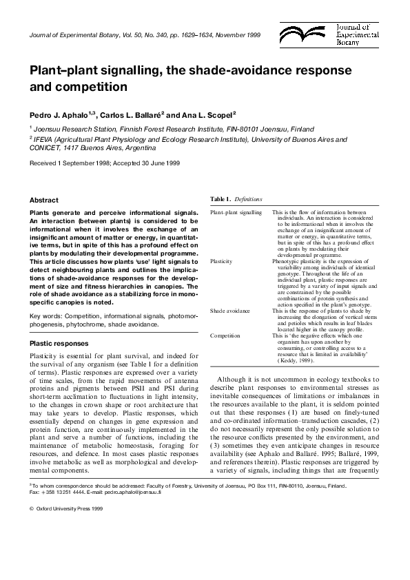 (PDF) Plant-plant signalling, the shade-avoidance response and competition