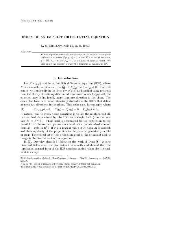 (PDF) Index of an implicit differential equation