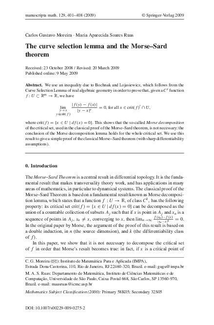 (PDF) The curve selection lemma and the Morse–Sard theorem