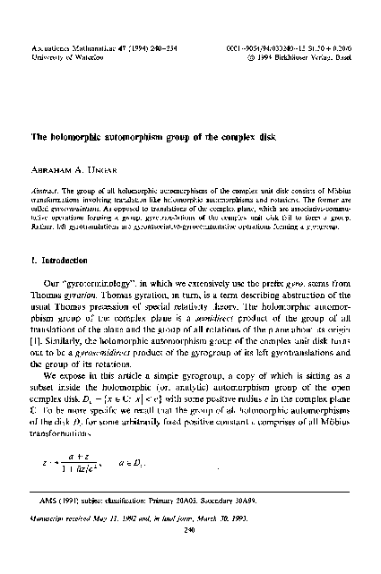 (PDF) The holomorphic automorphism group of the complex disk