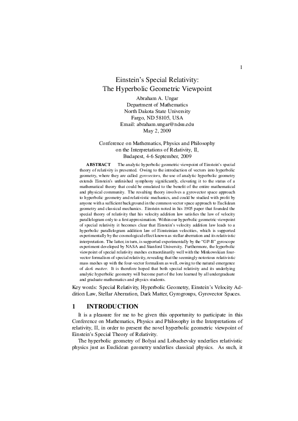 (PDF) Einstein's Special Relativity: The Hyperbolic Geometric Viewpoint