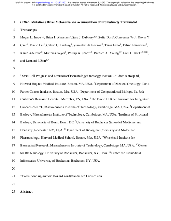 (PDF) CDK13 Mutations Drive Melanoma via Accumulation of Prematurely ...