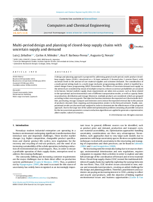 (PDF) Multi-period design and planning of closed-loop supply chains with uncertain supply and demand