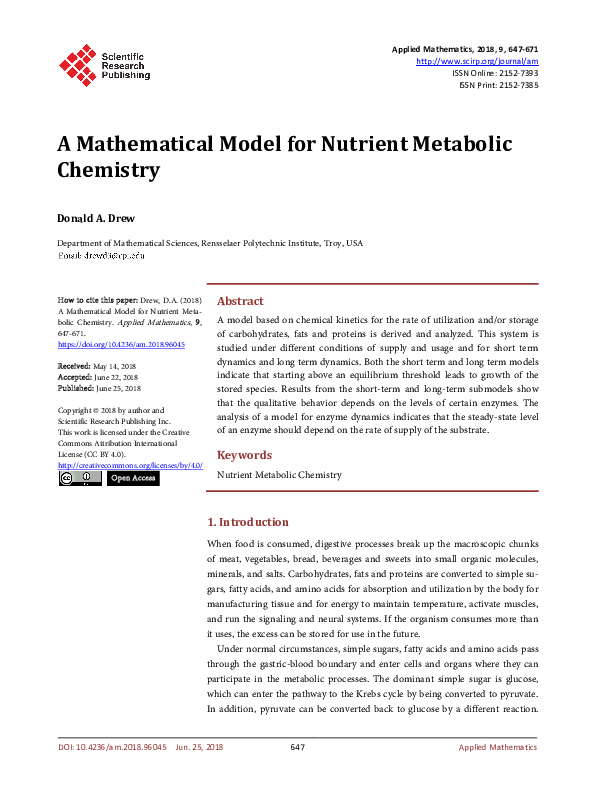(PDF) A Mathematical Model for Nutrient Metabolic Chemistry