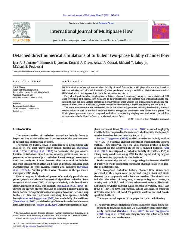 (PDF) Detached direct numerical simulations of turbulent two-phase bubbly channel flow