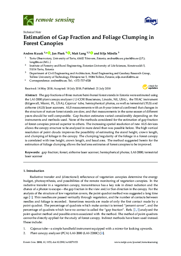 (PDF) Estimation of Gap Fraction and Foliage Clumping in Forest Canopies