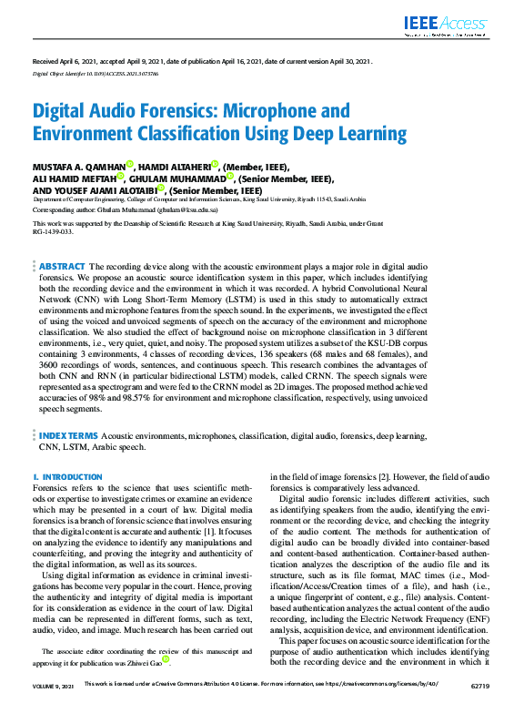 Pdf Digital Audio Forensics Microphone And Environment Classification Using Deep Learning