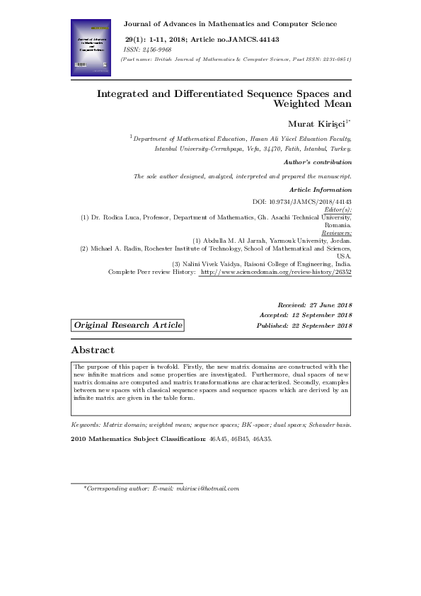 Pdf Integrated And Differentiated Sequence Spaces And Weighted Mean
