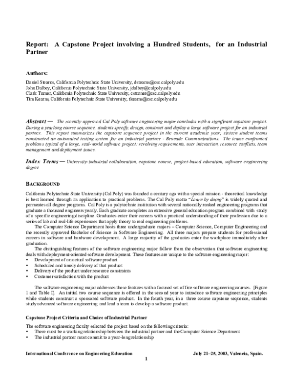 (PDF) Report: A Capstone Project involving a Hundred Students, for an ...