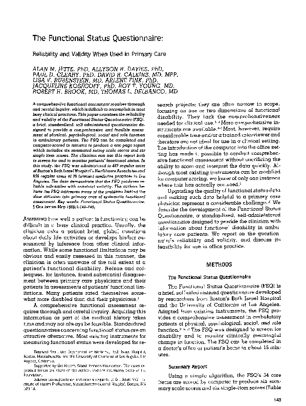 (PDF) The functional status questionnaire
