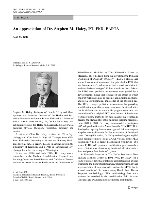 (PDF) An appreciation of Dr. Stephen M. Haley, PT, PhD, FAPTA