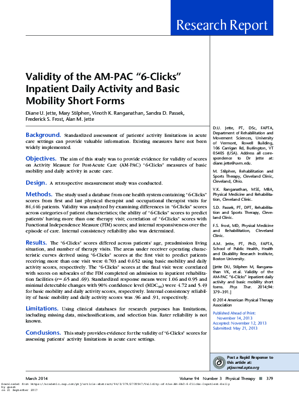 (PDF) Validity of the AM-PAC "6-Clicks" Inpatient Daily Activity and ...