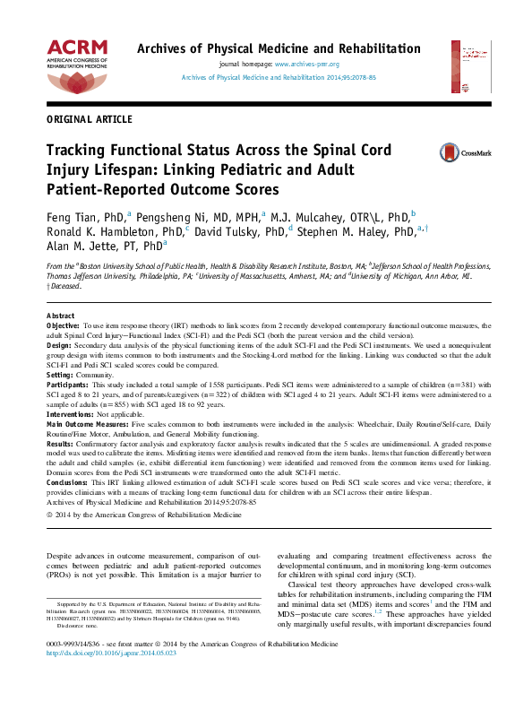 (PDF) Tracking functional status across the spinal cord injury lifespan ...