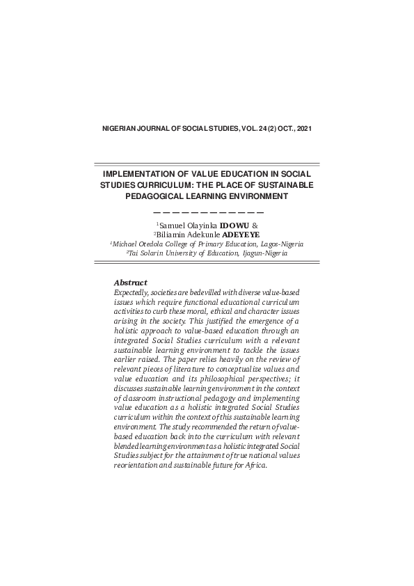 (PDF) IMPLEMENTATION OF VALUE EDUCATION IN SOCIAL STUDIES CURRICULUM ...