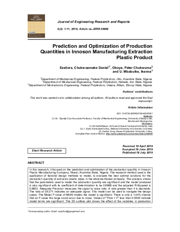 (PDF) Prediction and Optimization of Production Quantities in Innoson ...