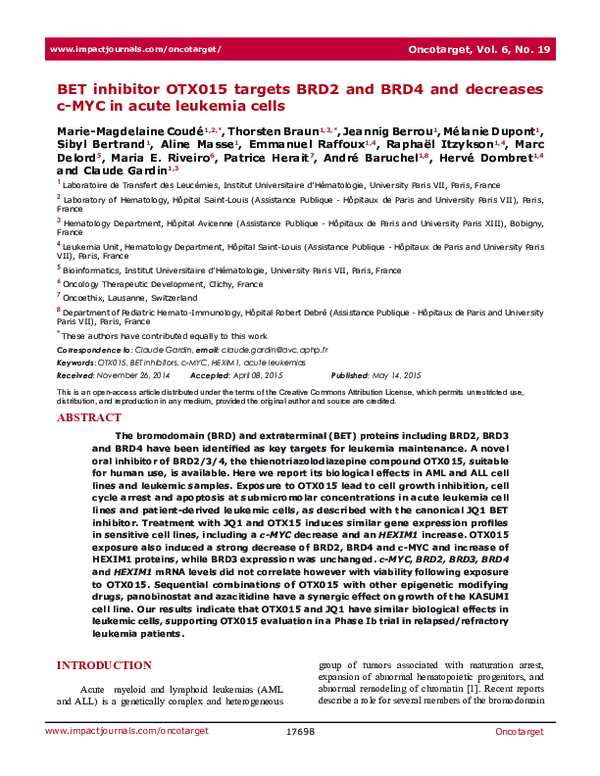(PDF) BET inhibitor OTX015 targets BRD2 and BRD4 and decreases c-MYC in ...