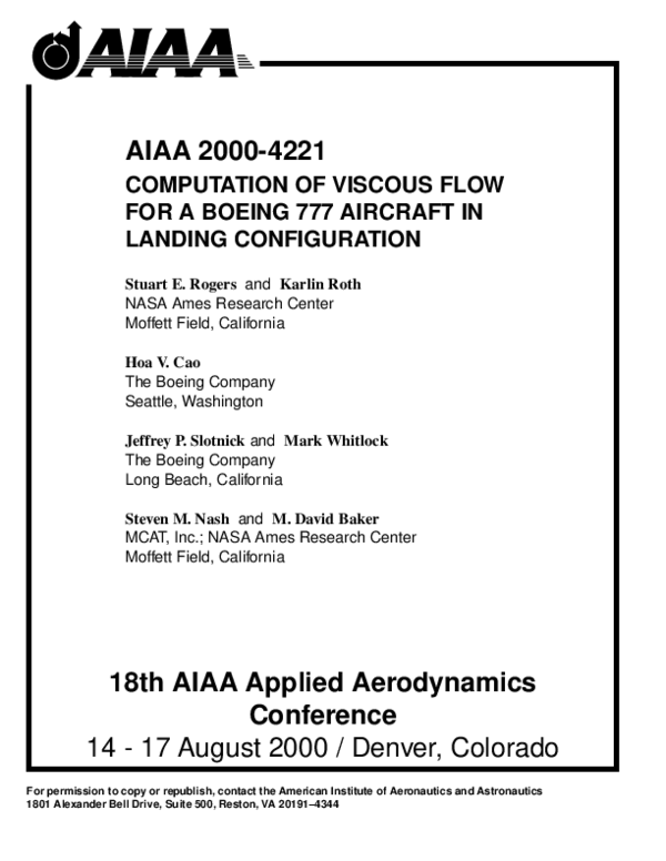 (PDF) Computation of Viscous Flow for a Boeing 777 Aircraft in Landing ...