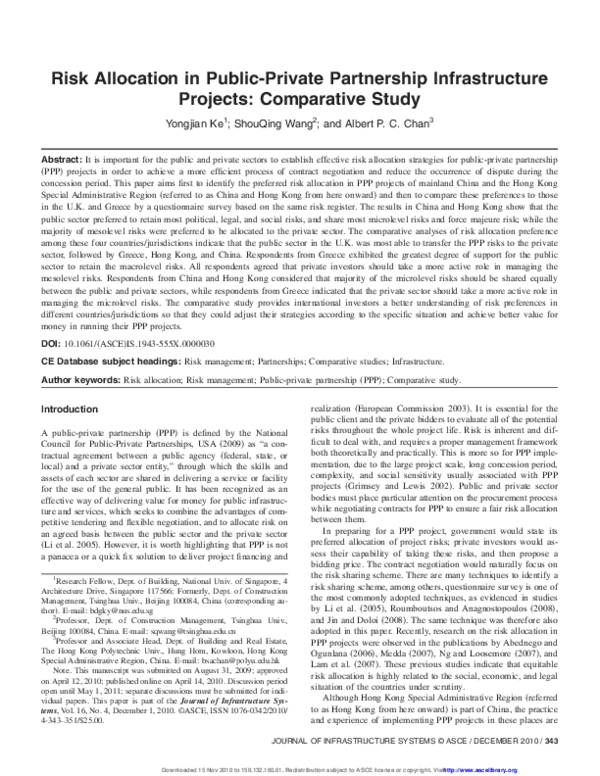 (PDF) Risk Allocation in Public-Private Partnership Infrastructure Projects: Comparative Study