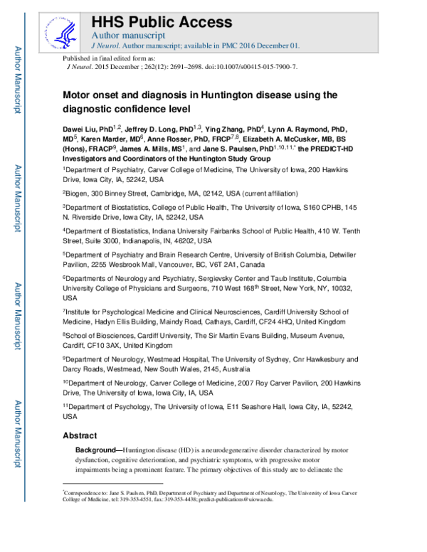 (PDF) Motor onset and diagnosis in Huntington disease using the ...