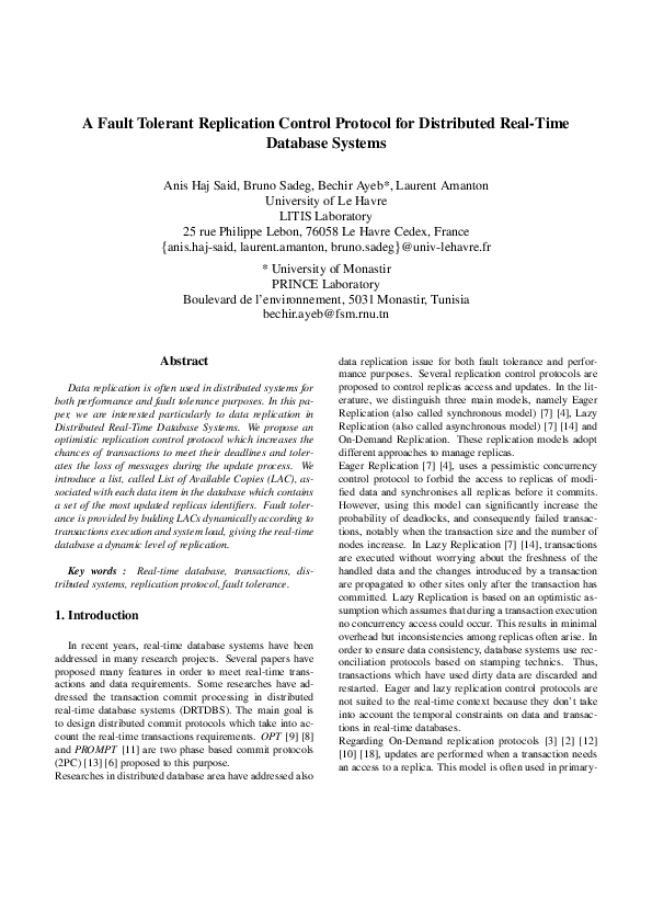 (PDF) A fault tolerant replication control protocol for distributed real-time database systems