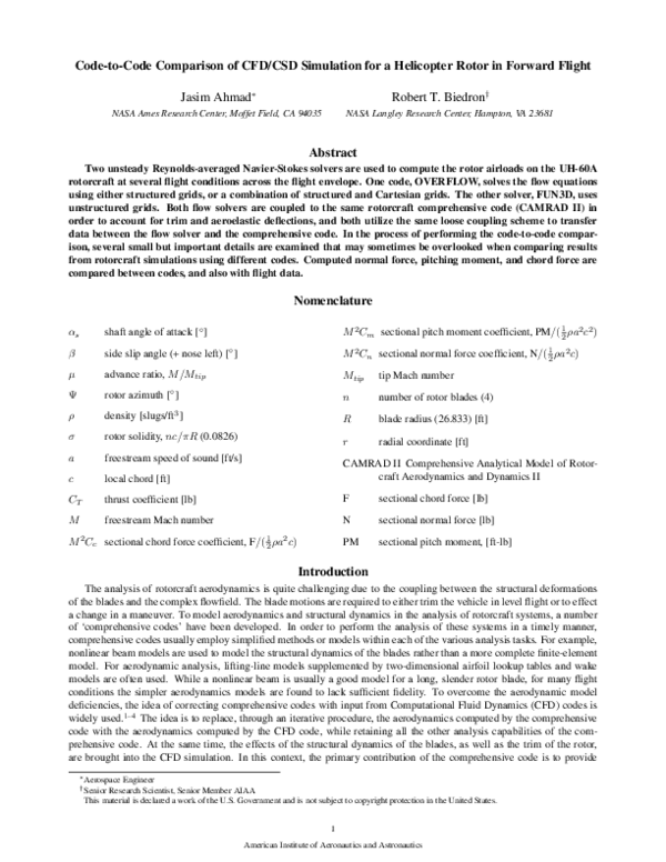 (PDF) Code-to-Code Comparison of CFD/CSD Simulation for a Helicopter ...