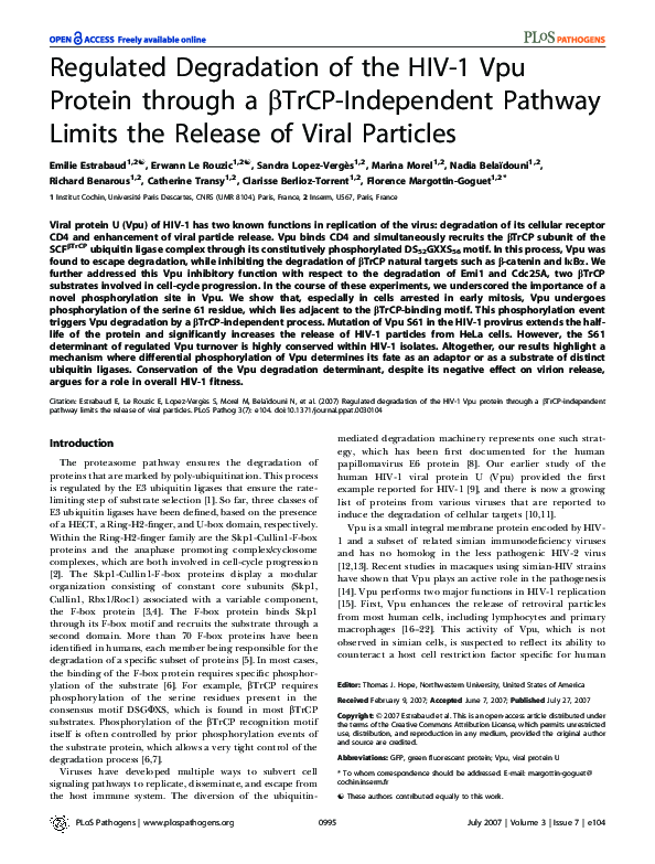 (PDF) Regulated Degradation of the HIV1 Vpu Protein through a βTrCP ...