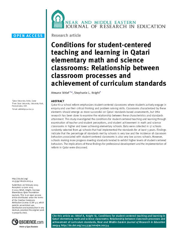 (PDF) Conditions for student-centered teaching and learning in Qatari ...