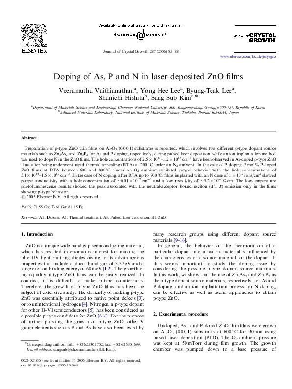 (PDF) Doping of As, P and N in laser deposited ZnO films | Shunichi Hishita - Academia.edu