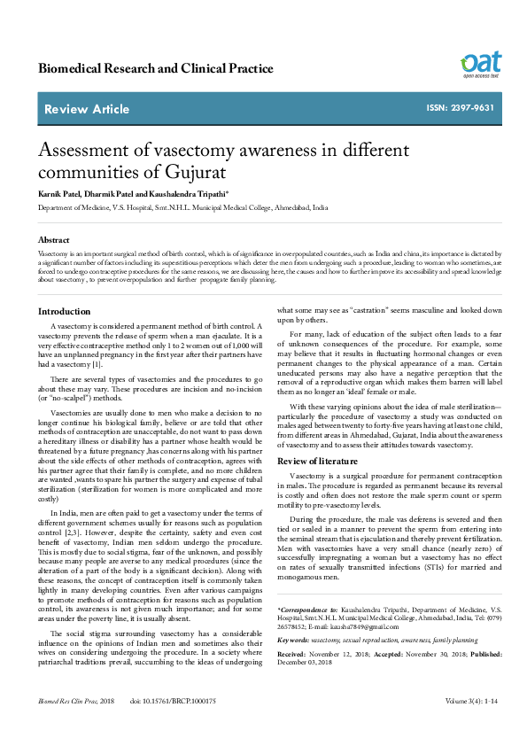 (PDF) Assessment of vasectomy awareness in different communities of Gujurat