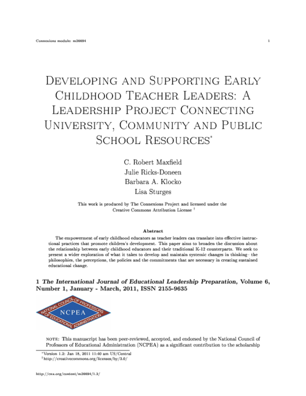 (PDF) Developing and Supporting Early Childhood Teacher Leaders: A ...