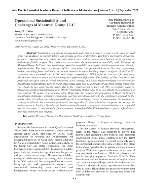 (PDF) Operational Sustainability and Challenges of Montreal Group LLC