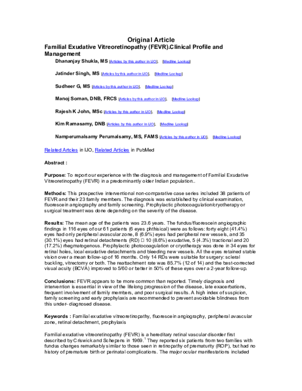 (PDF) Familial exudative vitreoretinopathy (FEVR). Clinical profile and ...