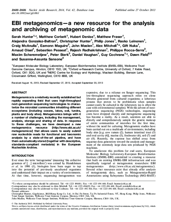 (PDF) EBI metagenomics - A new resource for the analysis and archiving of metagenomic data