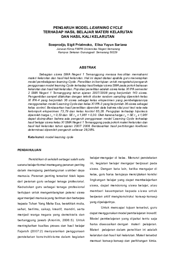 (PDF) Pengaruh Model Learning Cycle Terhadap Hasil Belajar Materi Kelarutan Dan Hasil Kali Kelarutan