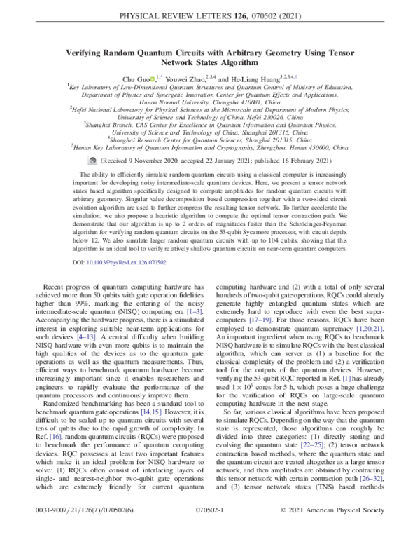 Pdf Verifying Random Quantum Circuits With Arbitrary Geometry Using