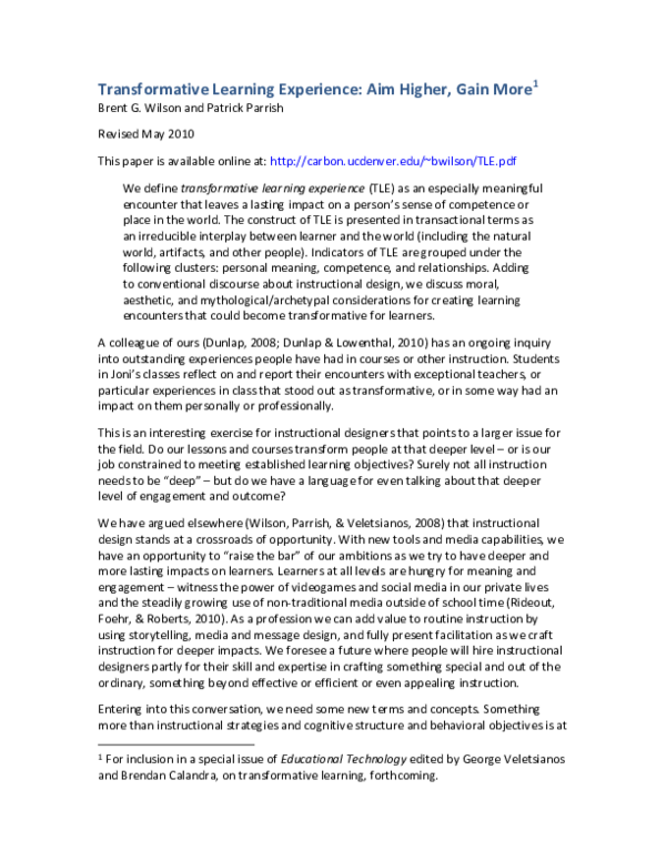 (PDF) Transformative Learning Experience: Aim Higher, Gain More.