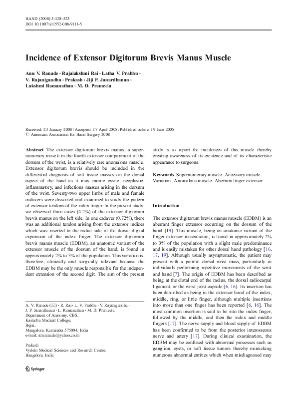 (PDF) Incidence of Extensor Digitorum Brevis Manus Muscle