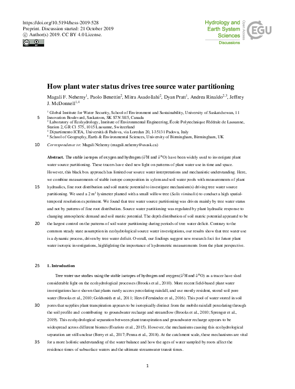 (PDF) How plant water status drives tree source water partitioning