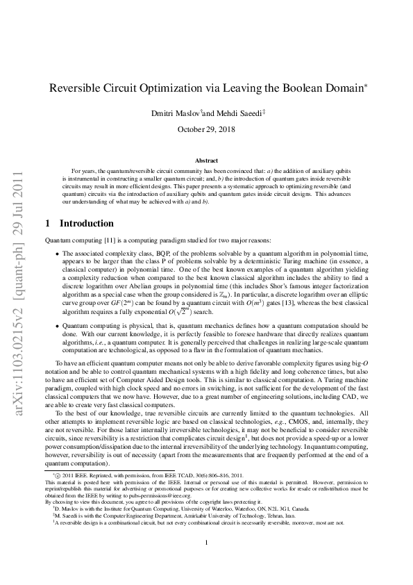 (PDF) Reversible Circuit Optimization Via Leaving the Boolean Domain