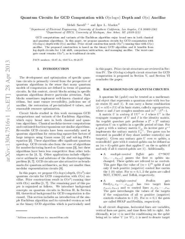 (PDF) Quantum Circuits for GCD Computation with $ O (n\ log n) $ Depth ...